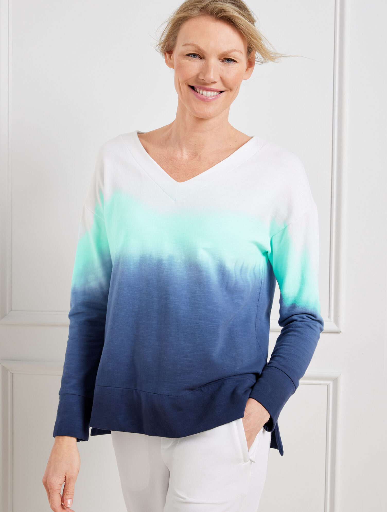 Slub French Terry Pleated Back Pullover - Dip Dye | Talbots
