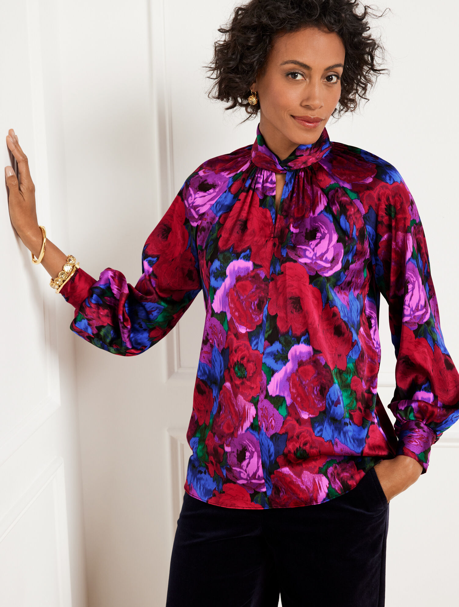 Twist Neck Soft Satin Charmeuse Top - Wrapped Floral | Talbots