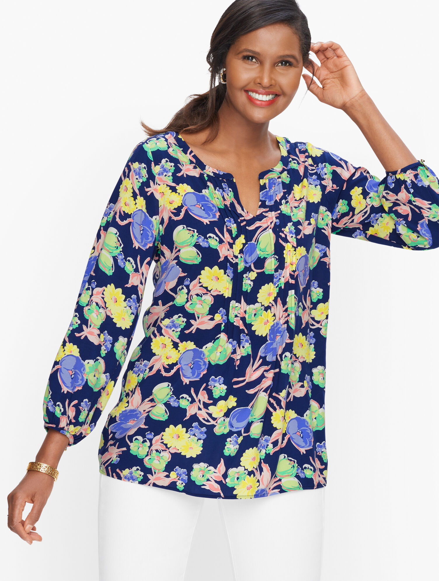 Split Neck Pintuck Top - Playful Floral | Talbots