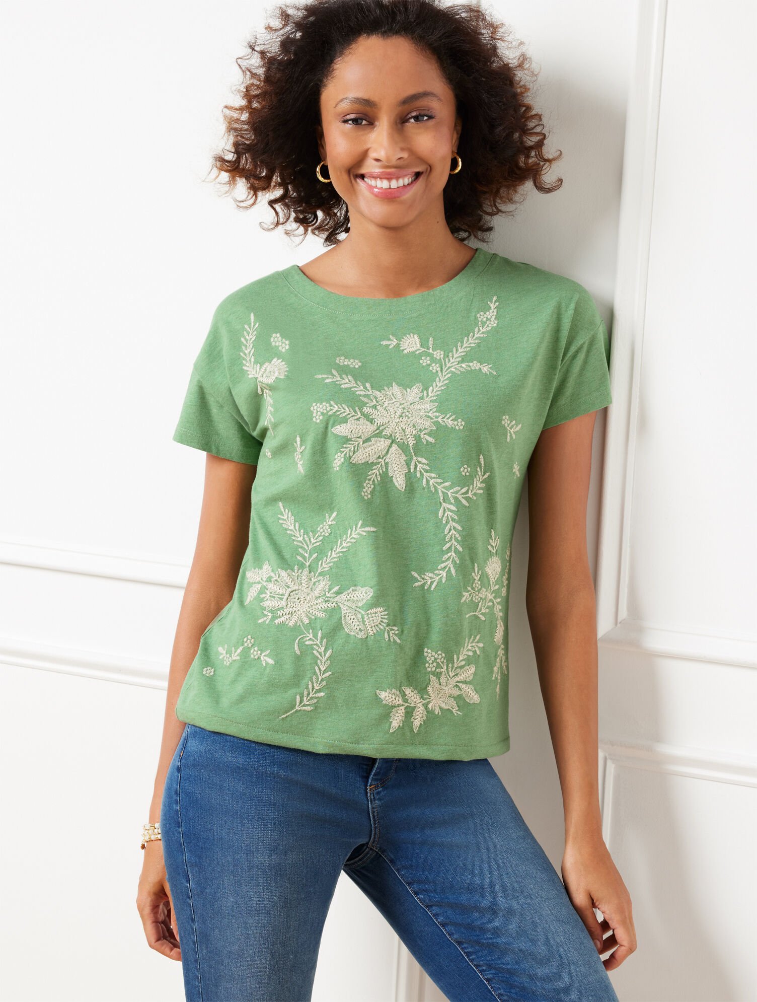 Embroidered Drop Shoulder Tee | Talbots