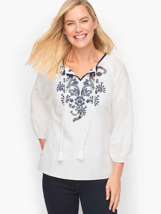 Linen Embroidered Split Neck Top | Talbots