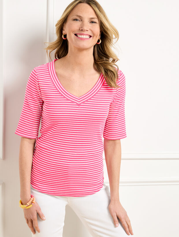 Ribbed V-Neck Tee - Alice Stripe | Talbots