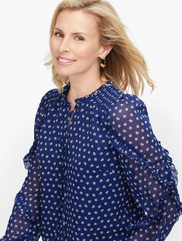 Smocked Shoulder Tie-Neck Top - Floral | Talbots