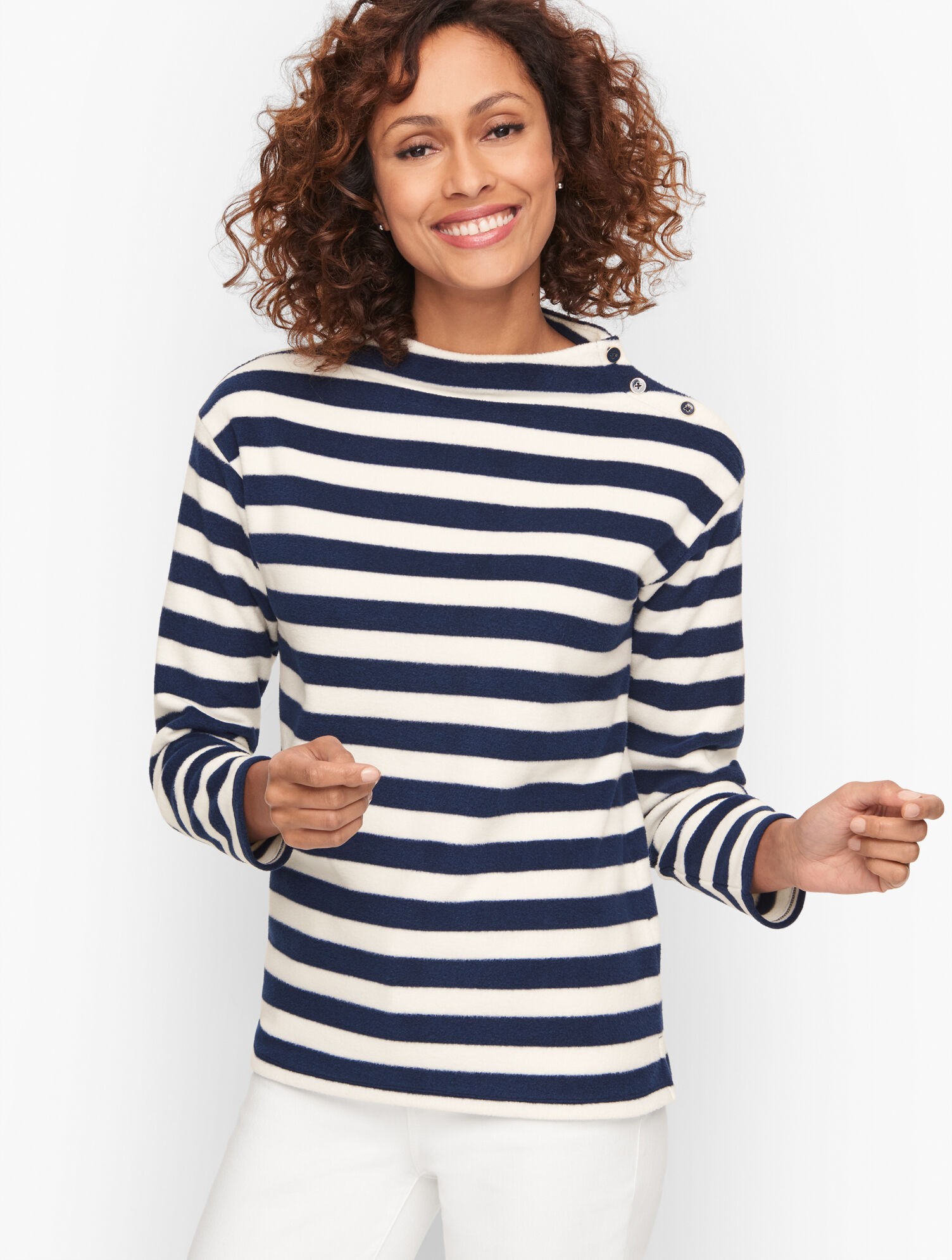Button Detail Funnel Neck Pullover - Stripe | Talbots