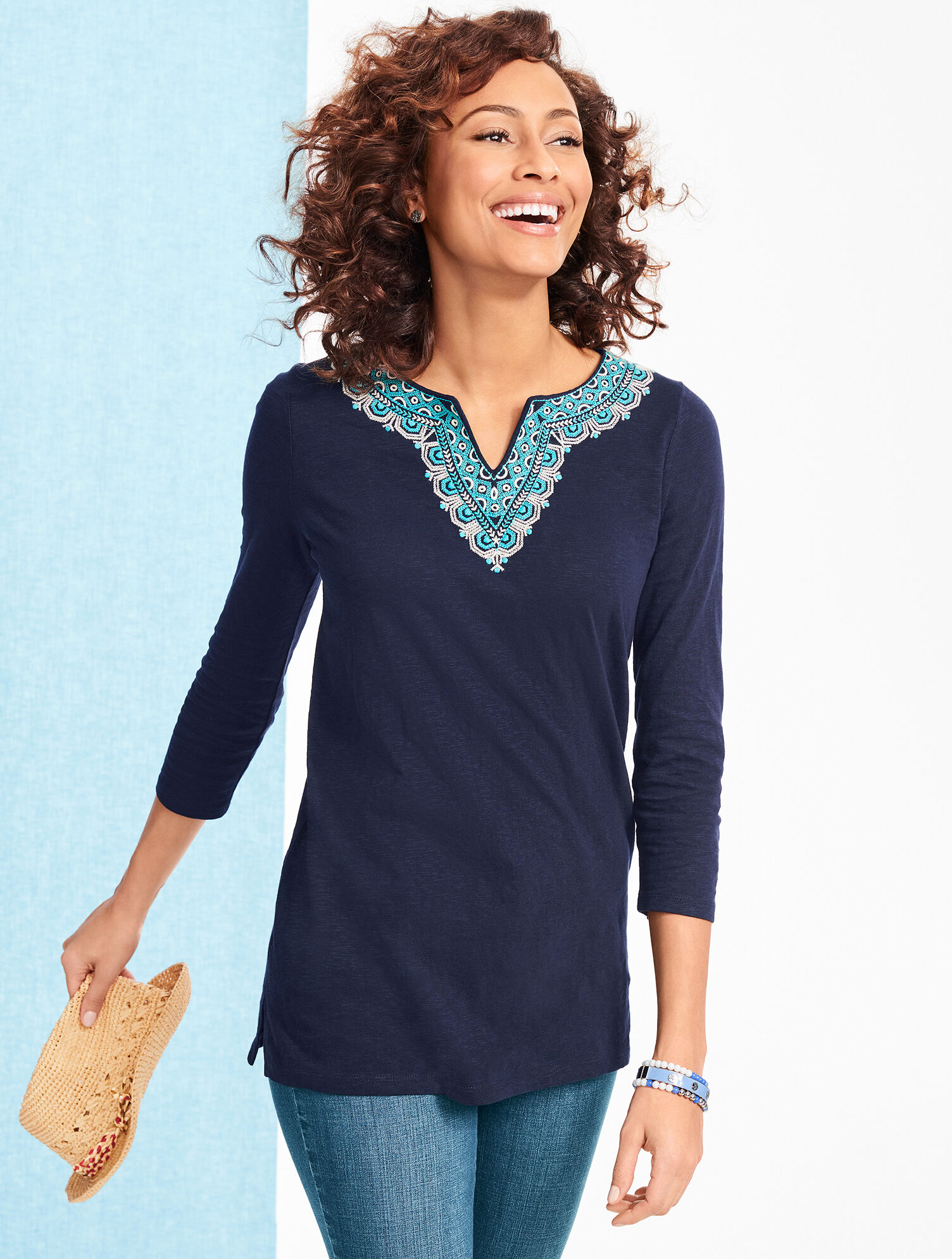 Embroidered Split Neck Tee | Talbots