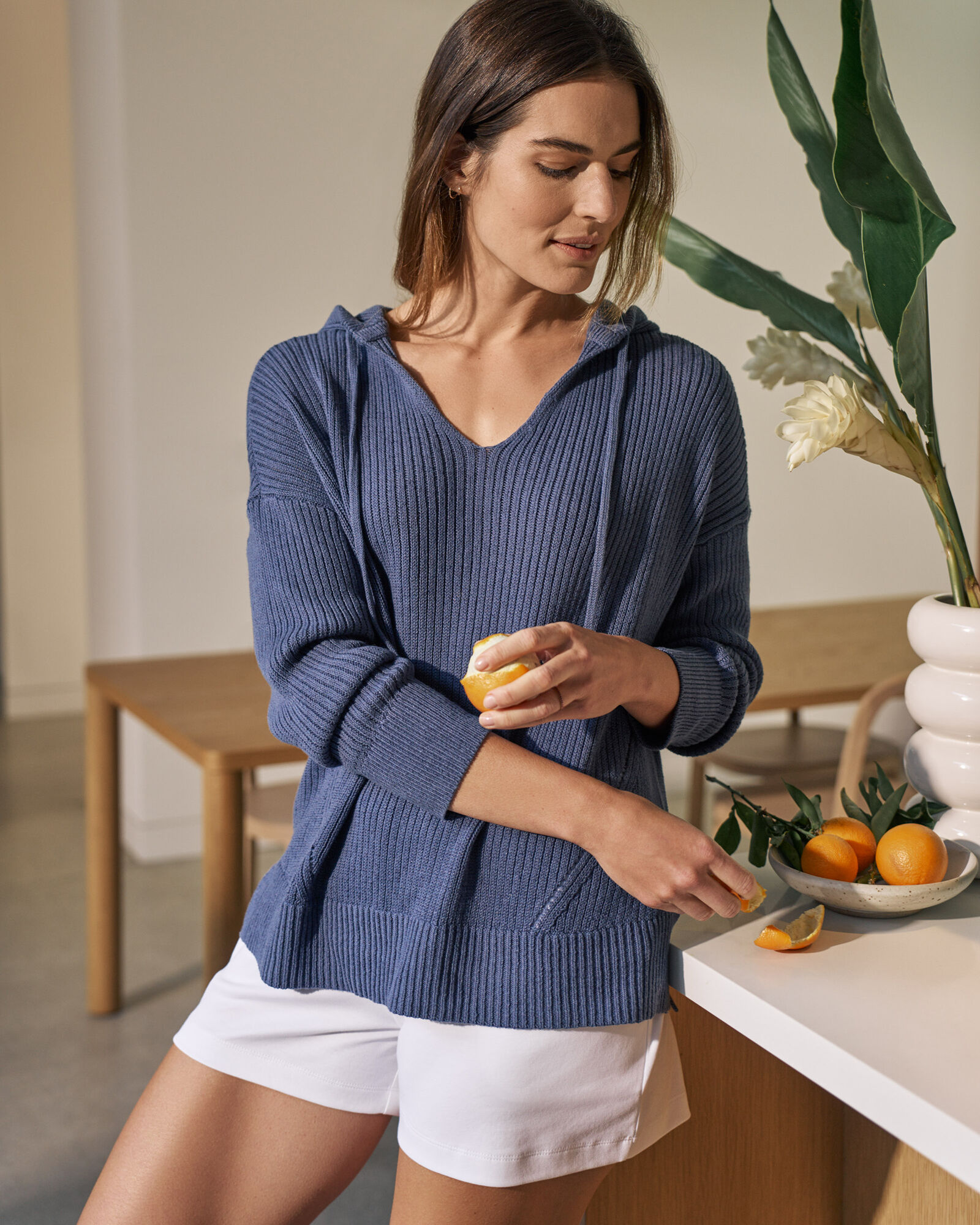 Linen Cotton Ribbed Hoodie | Talbots
