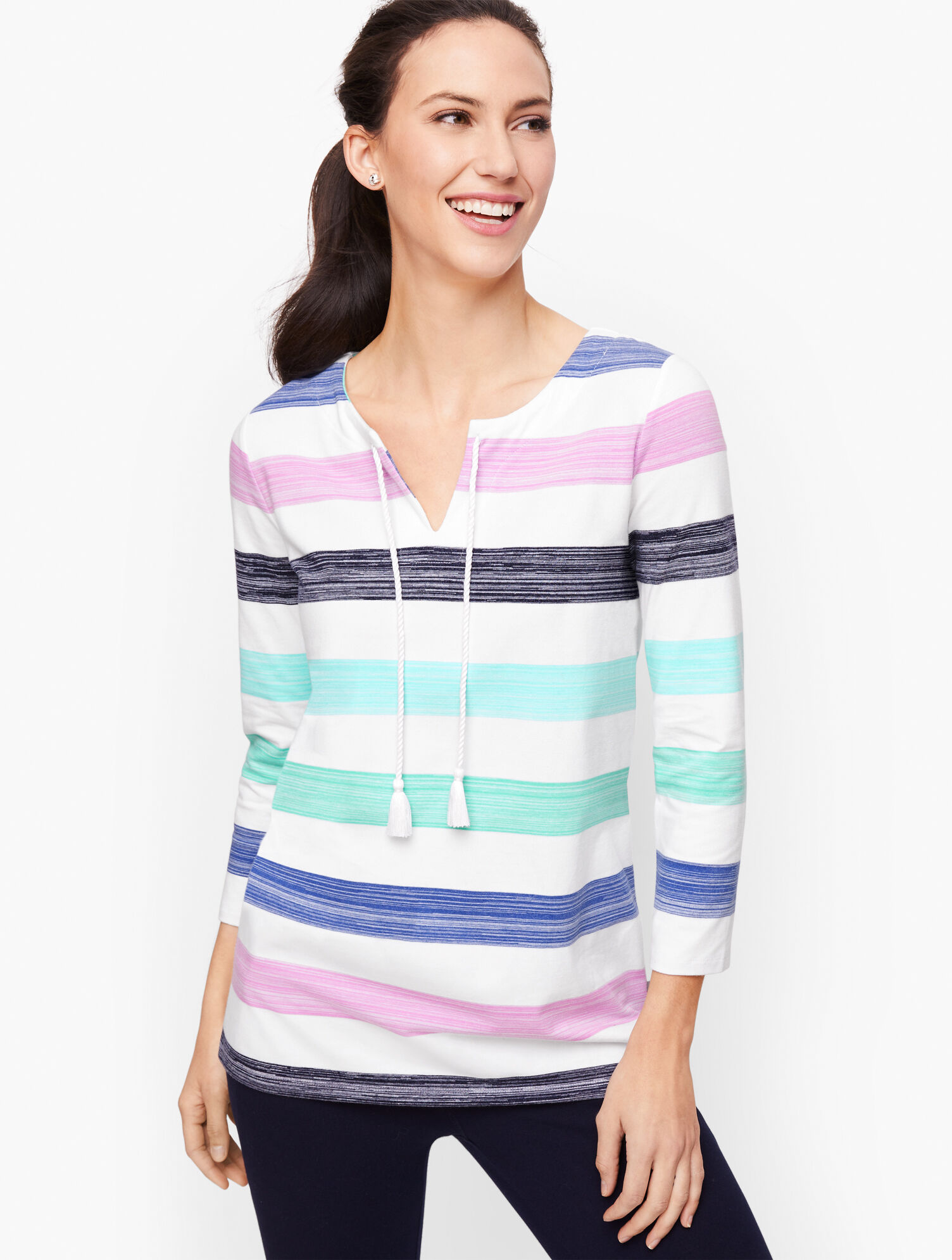 Brushed Stripe Split Neck Pullover | Talbots