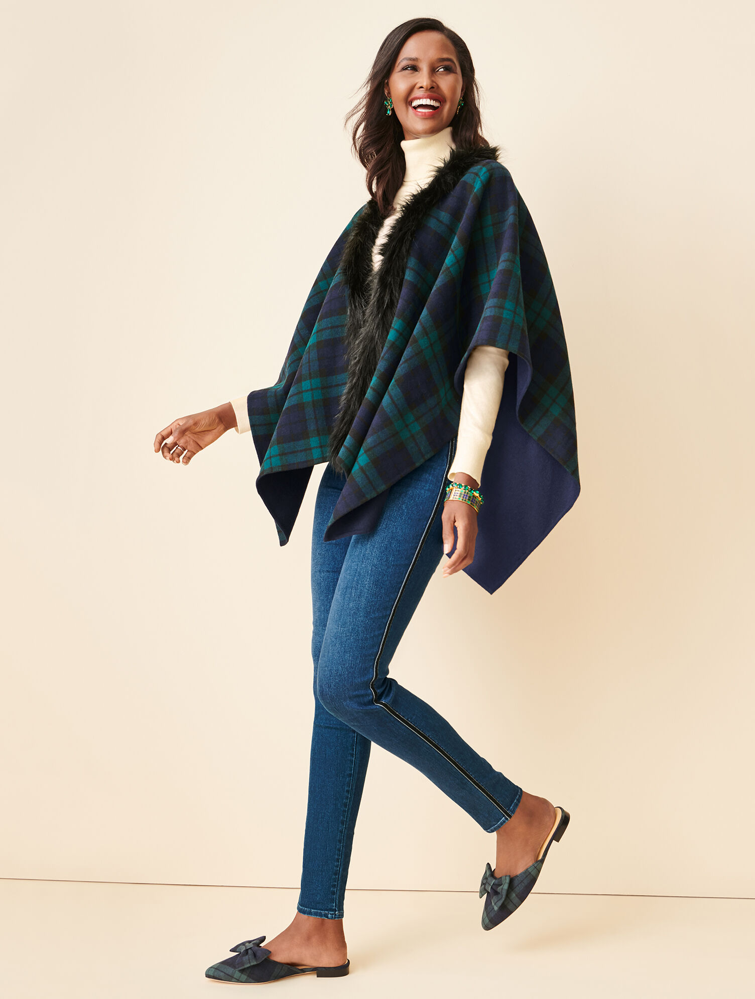 Edison Bow Mules - Black Watch Plaid | Talbots