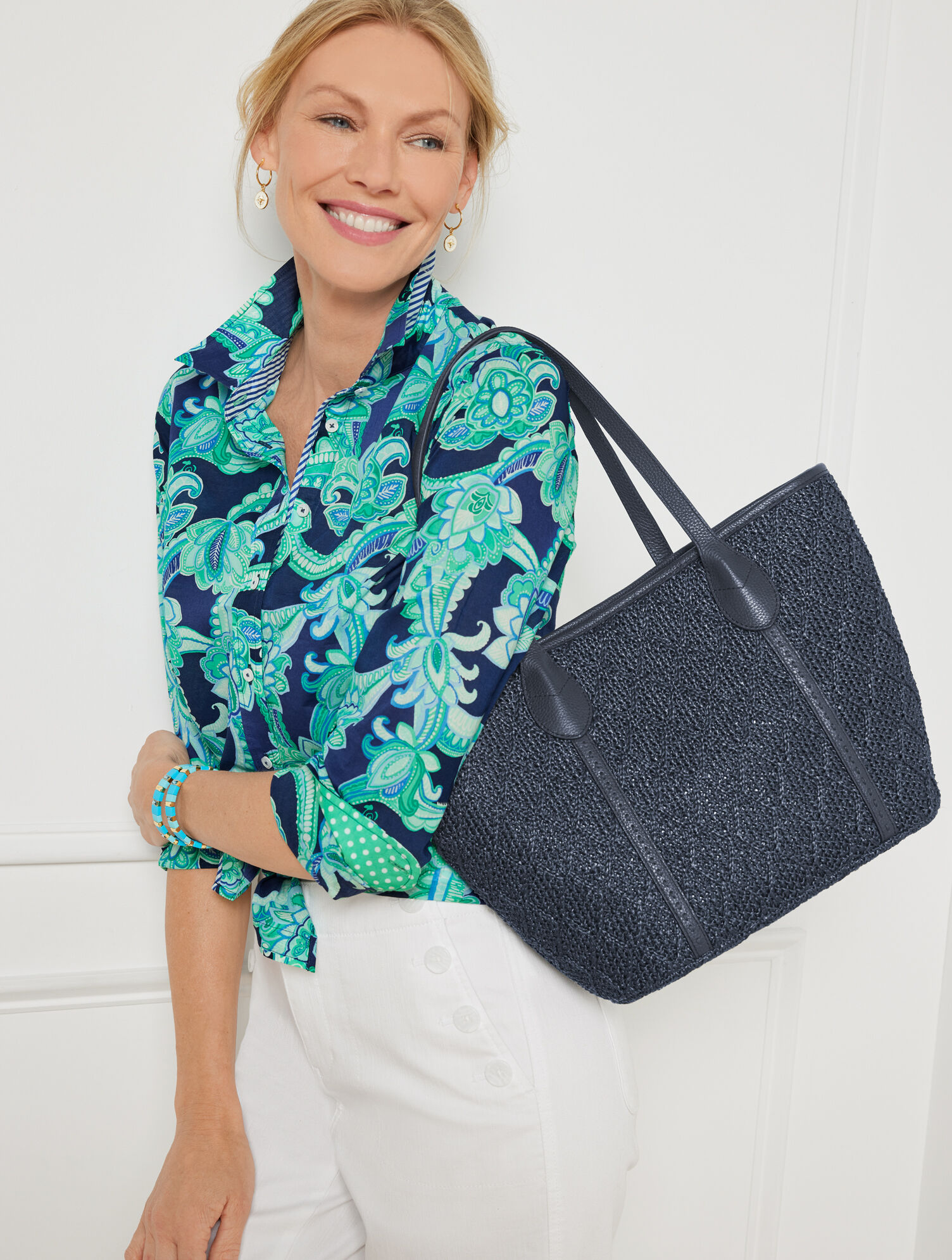 Leather Trim Geo Straw Tote | Talbots