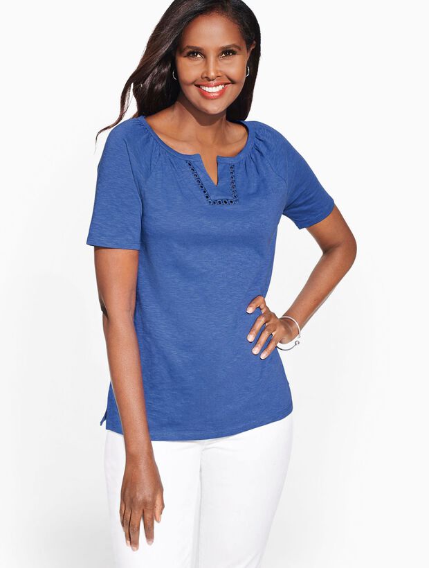 Lace Trim Split Neck Tee | Talbots
