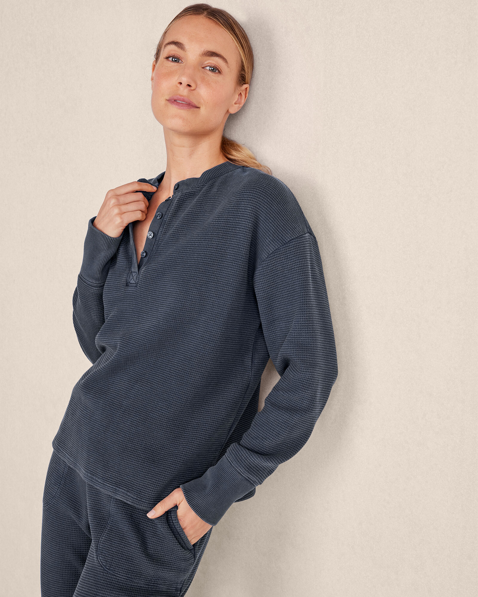 Organic Cotton Garment-Dyed Waffle Knit Henley | Haven Well Within