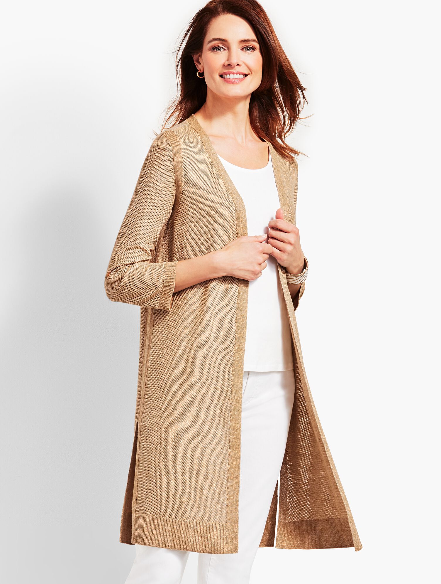 Textured Linen Roll-Tab Long Duster - Metallic | Talbots