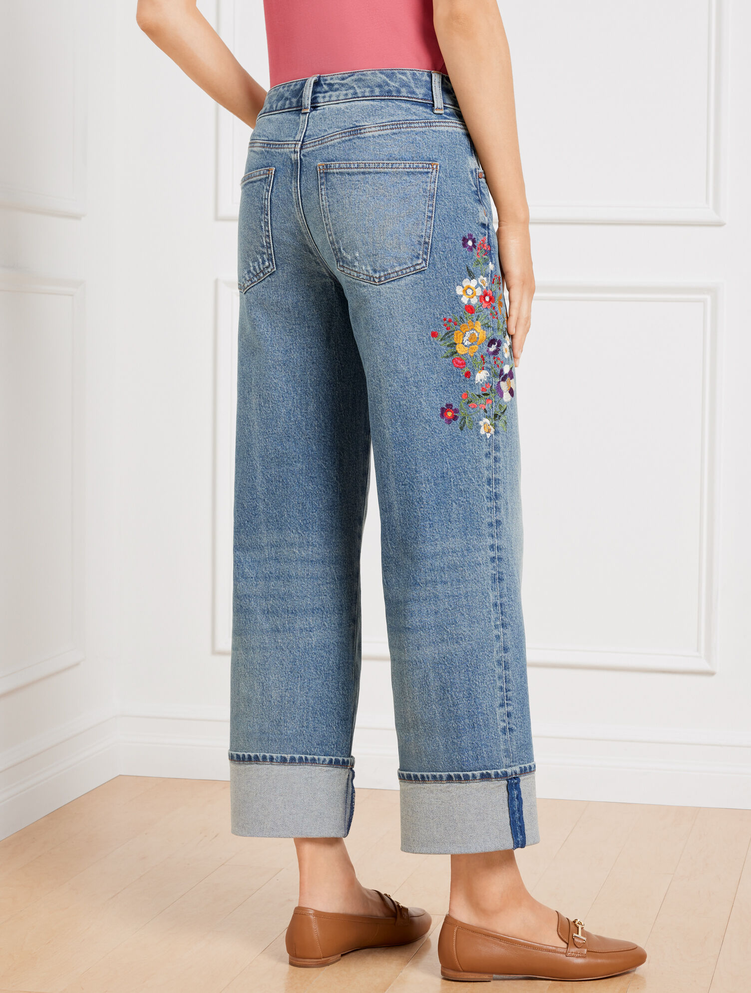 Embroidered Wide Straight Ankle Cuff Jeans - Sloane Wash | Talbots