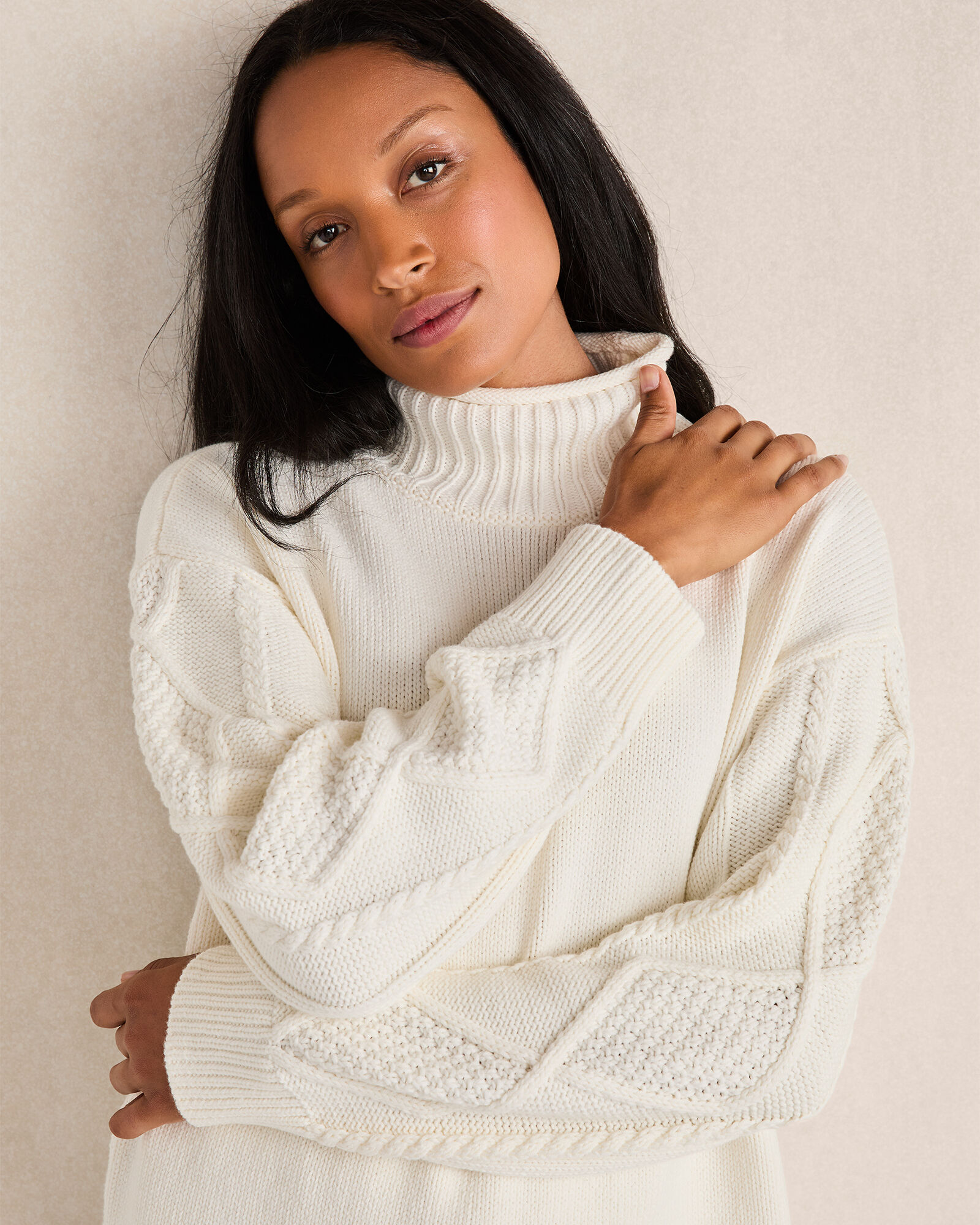 Cotton Cable-Sleeve Rollneck Sweater | Haven Well Within