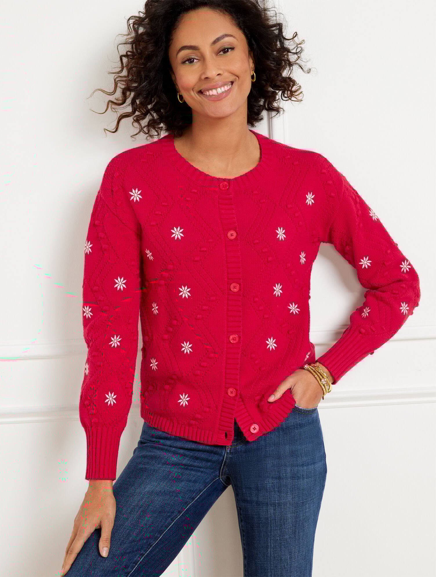 Embroidered Bobble Cardigan | Talbots