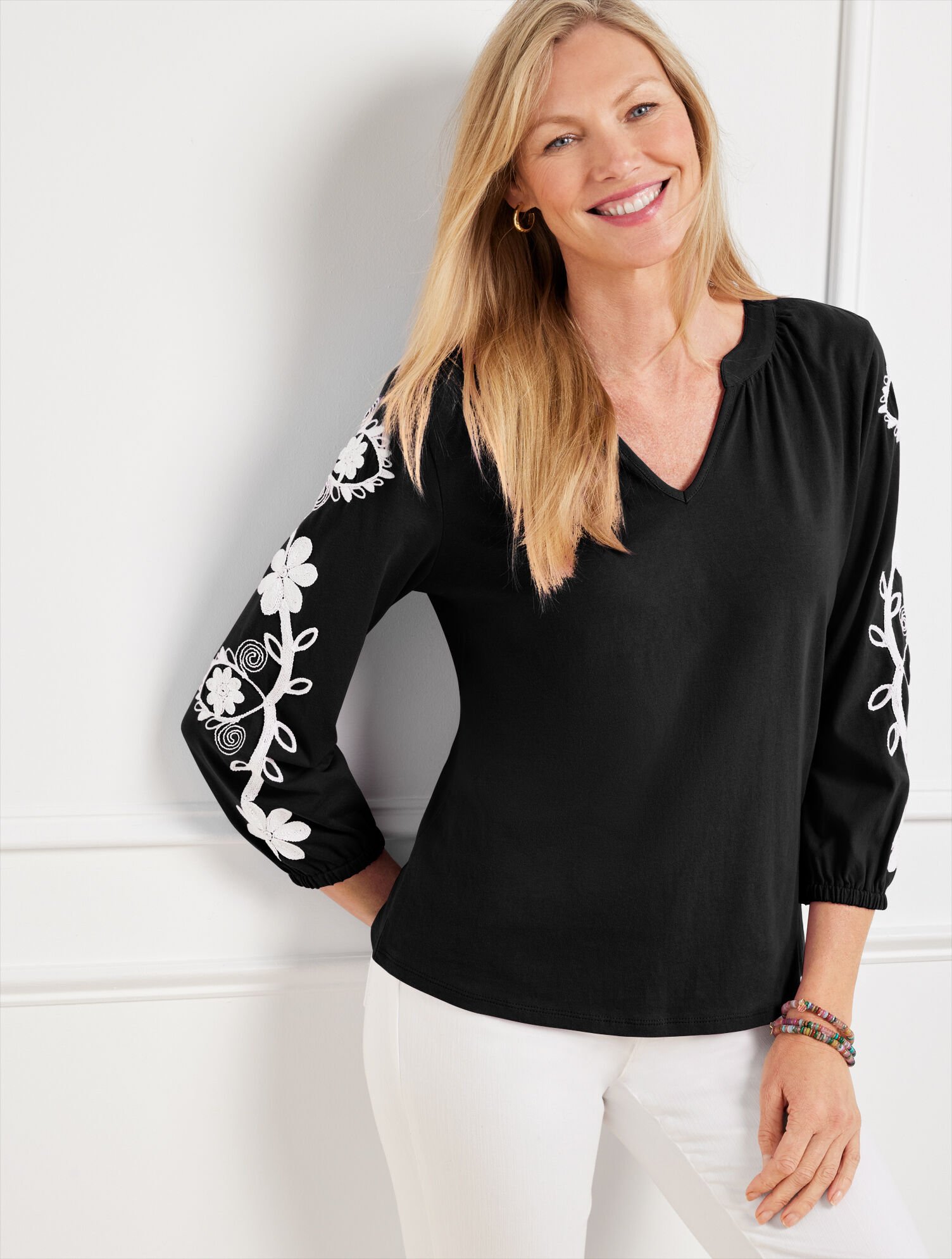 Embroidered Split Neck Tee | Talbots