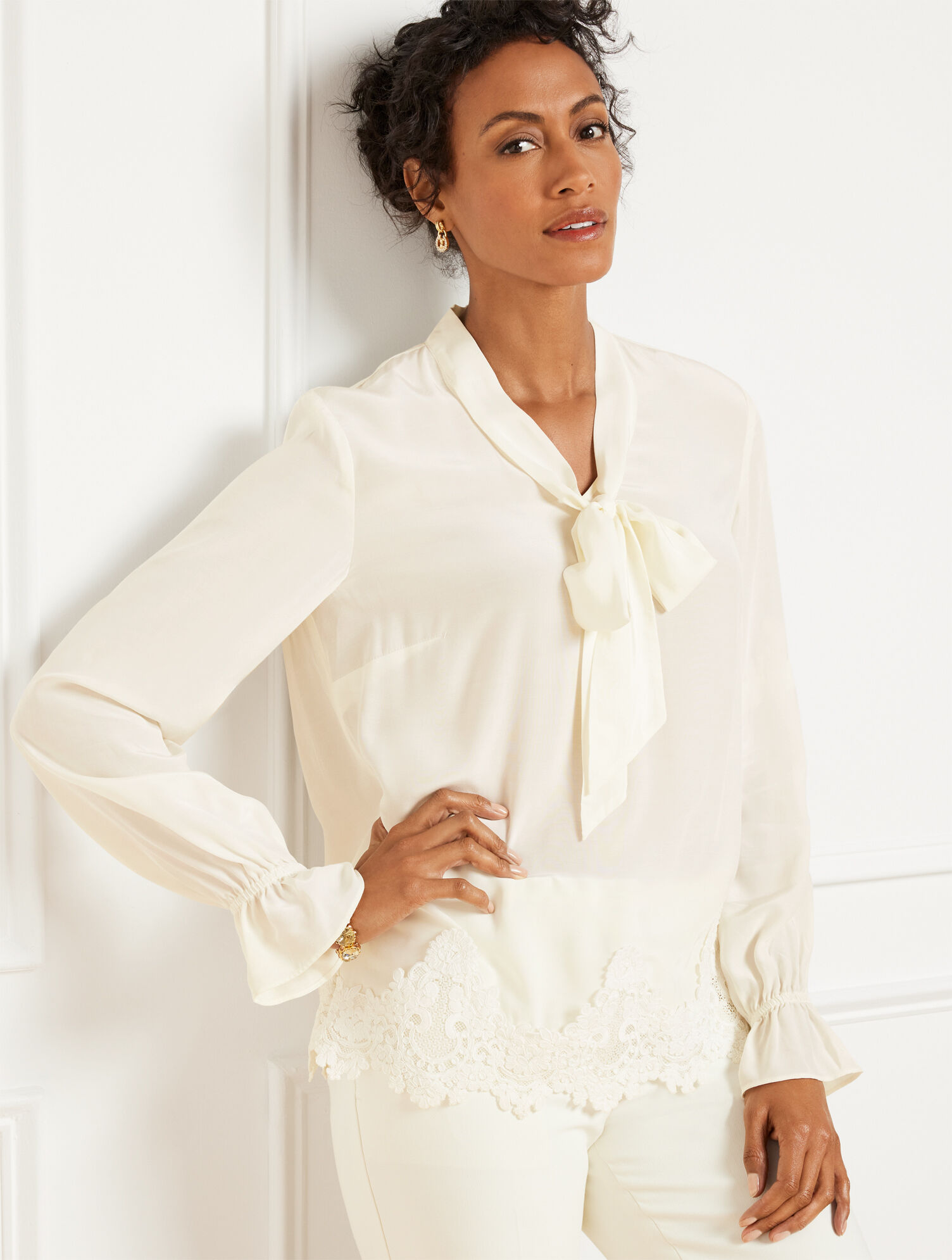 Lace Hem Tie Neck Soft Top | Talbots