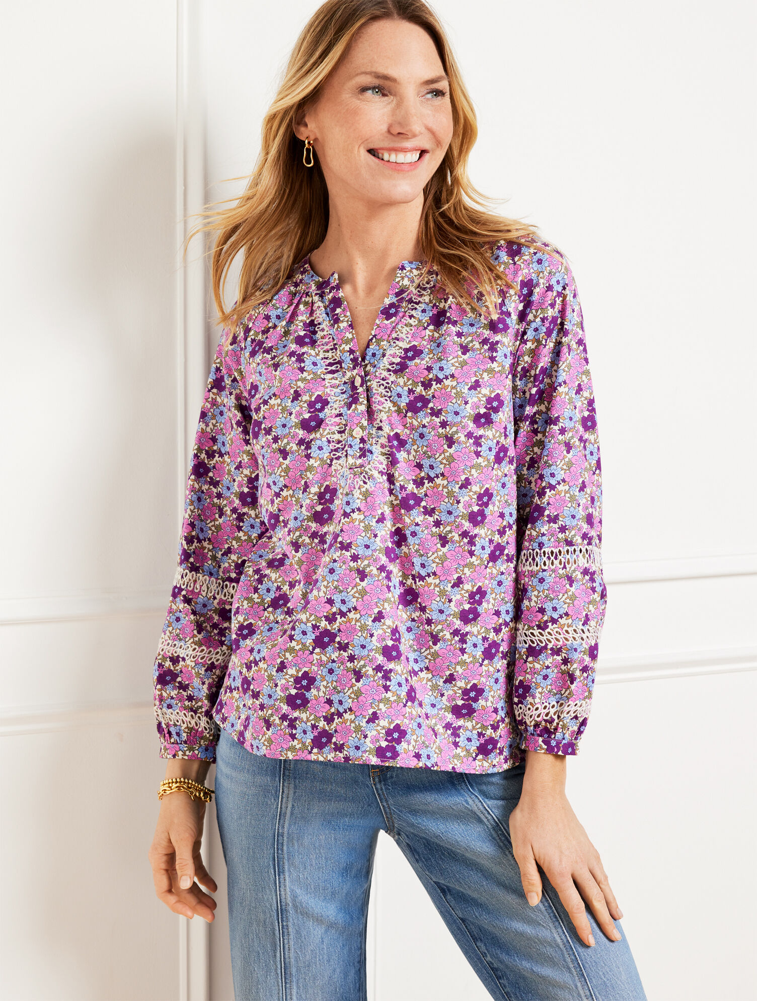 Tossed Ditsy Embroidered Top | Talbots