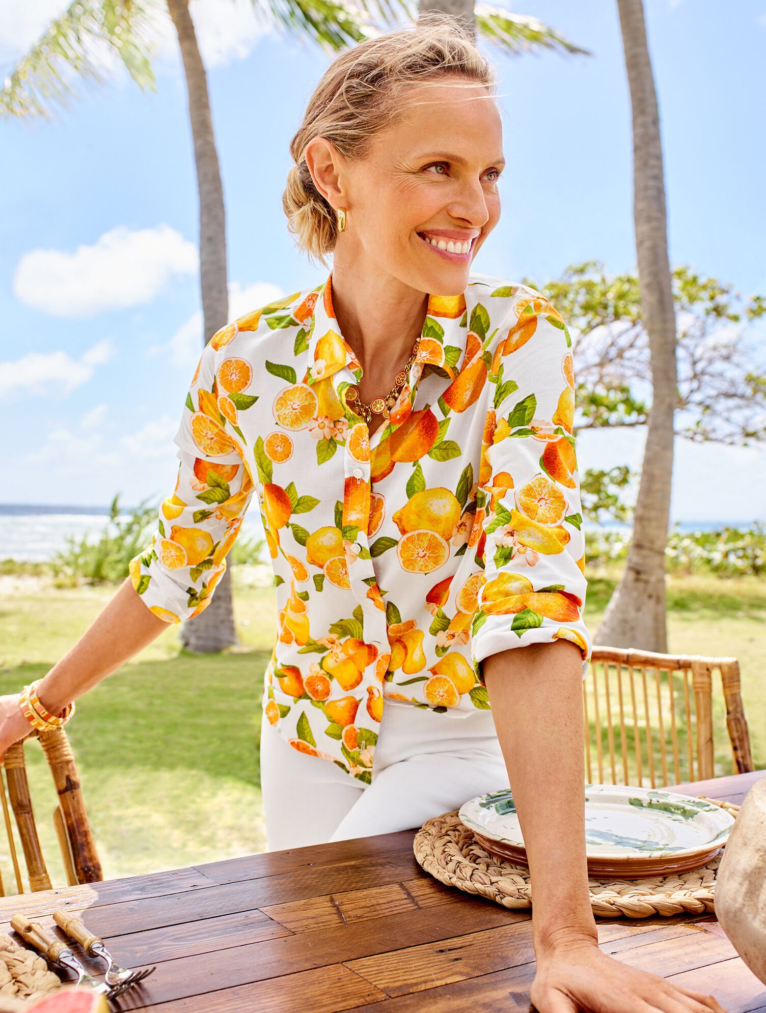 Cotton Button Front Shirt - Lemons and Oranges | Talbots