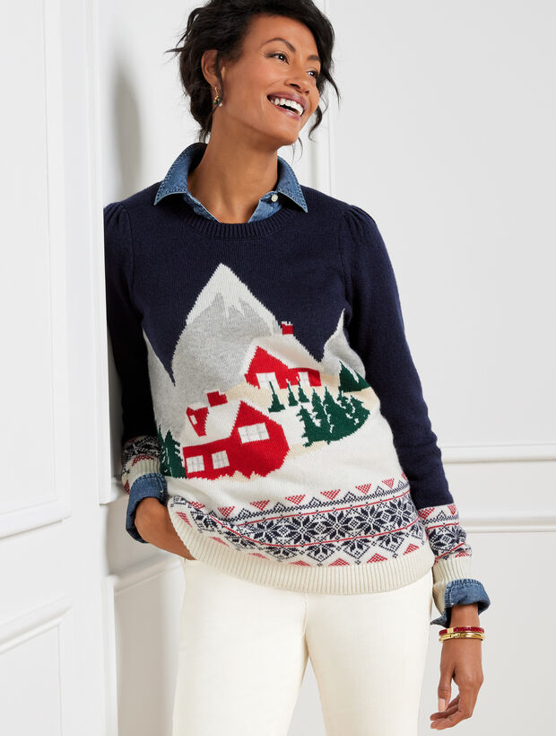 Holiday Scene Puff Sleeve Crewneck Sweater | Talbots