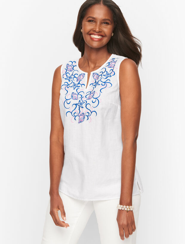 Embroidered Linen Split Neck Shell | Talbots