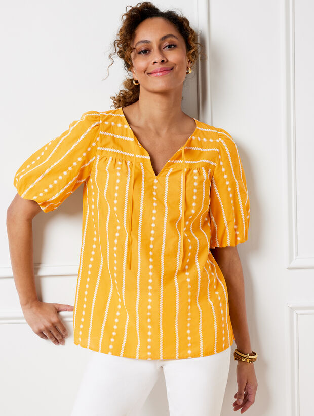 Embroidered Split Neck Top - Chevron Dot | Talbots