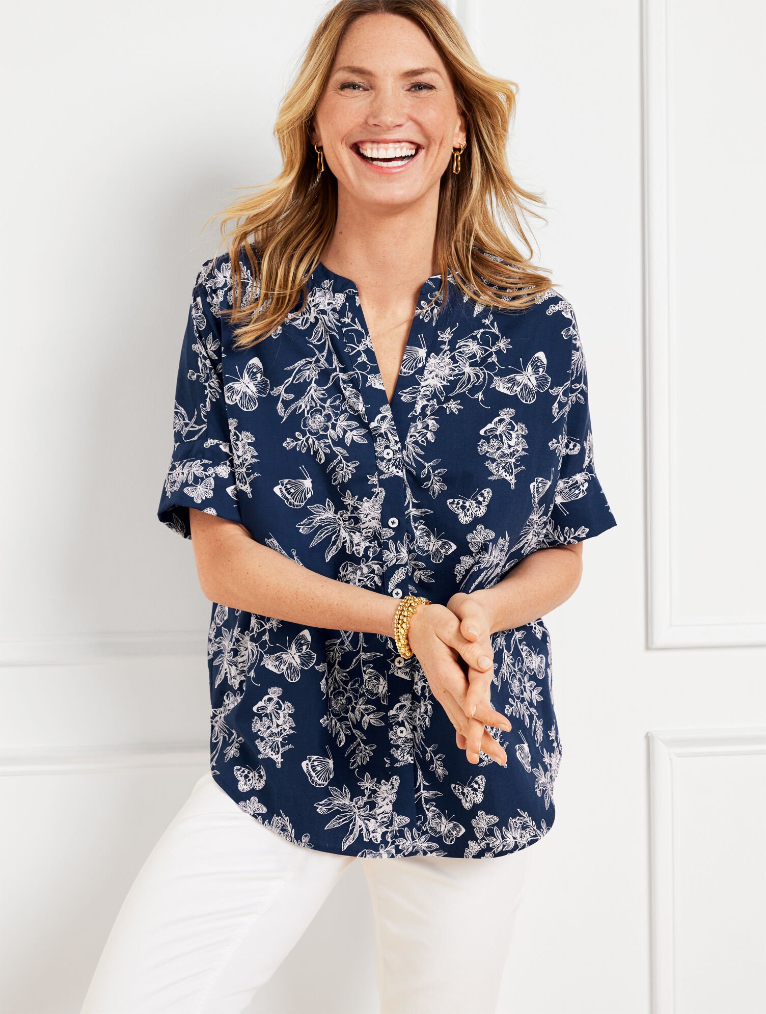 Band Collar Button Front Poplin Shirt - Pencil Butterfly | Talbots