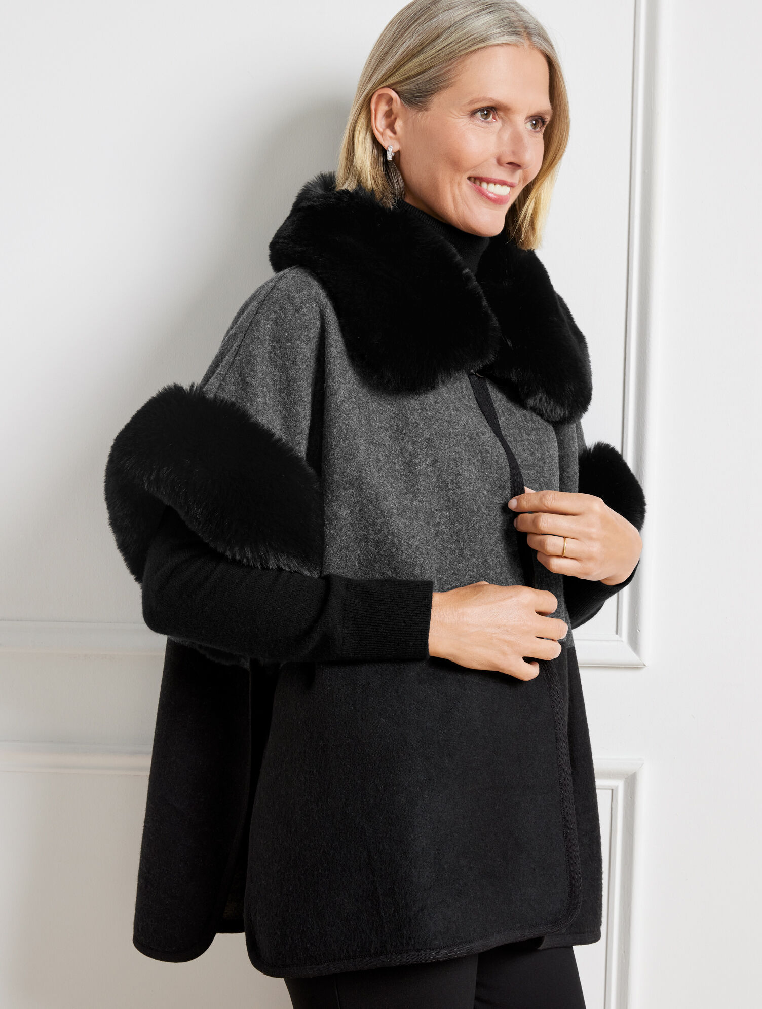 Faux Fur Trim Cape - Colorblock | Talbots