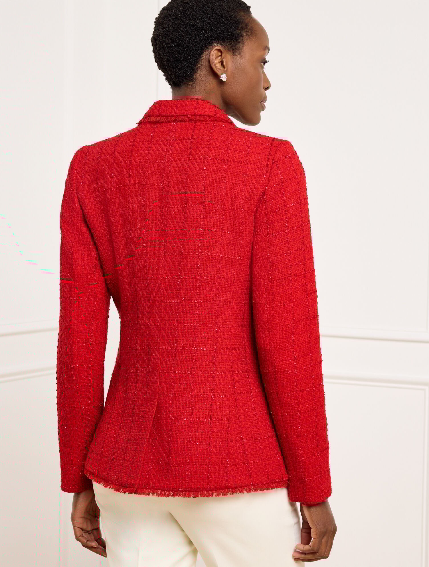 Metallic Fringe Tweed Double Breasted Blazer | Talbots