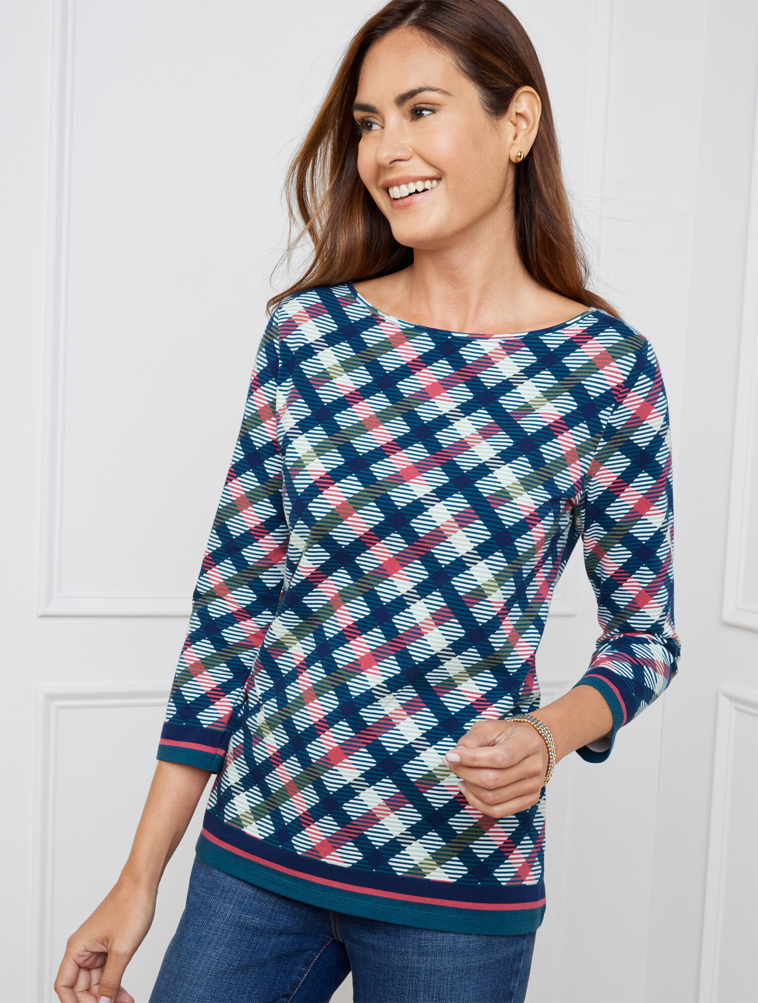 Pima Bateau Neck Tee - Diamond Plaid | Talbots
