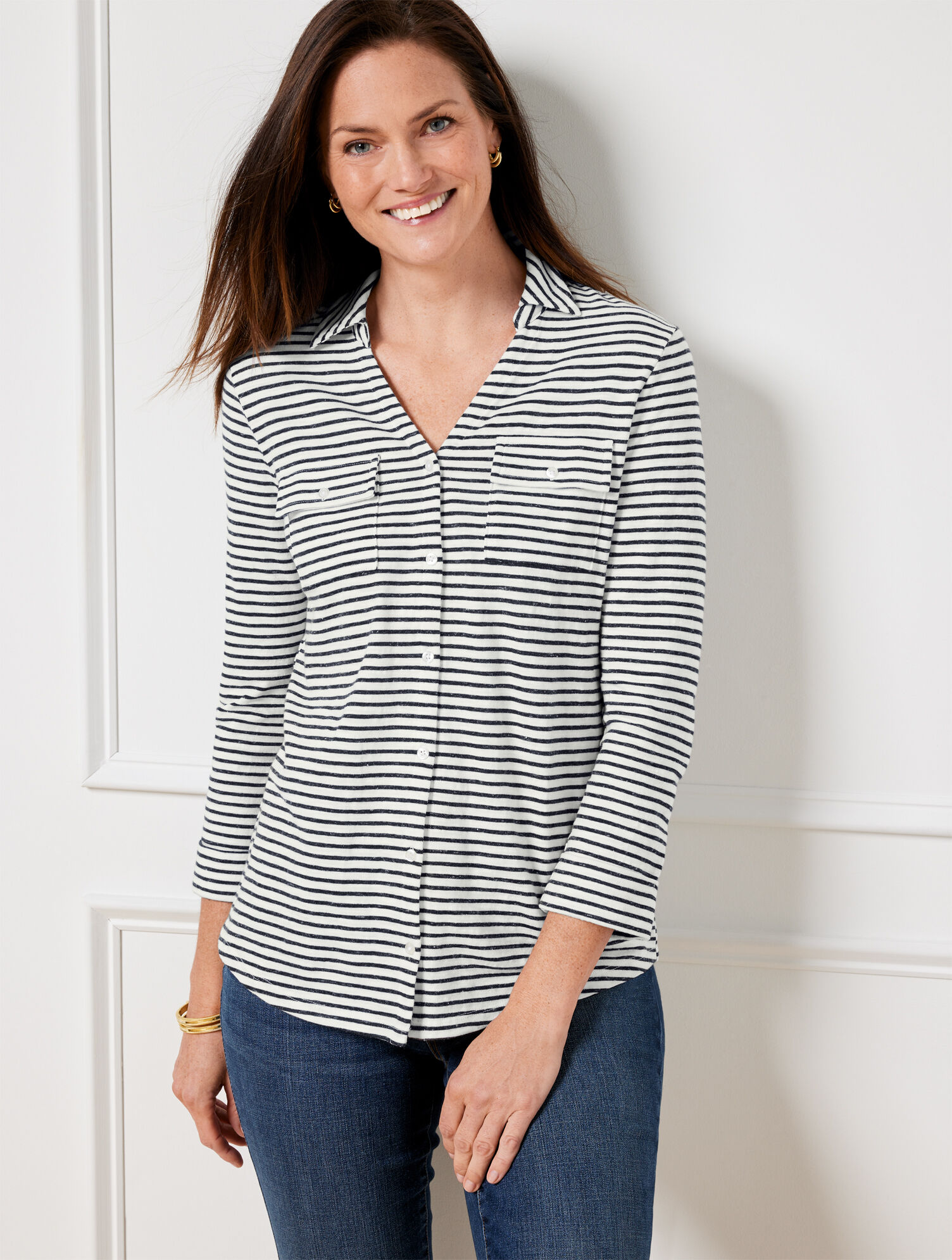 Knit Button Front Shirt - Crocus Stripe | Talbots