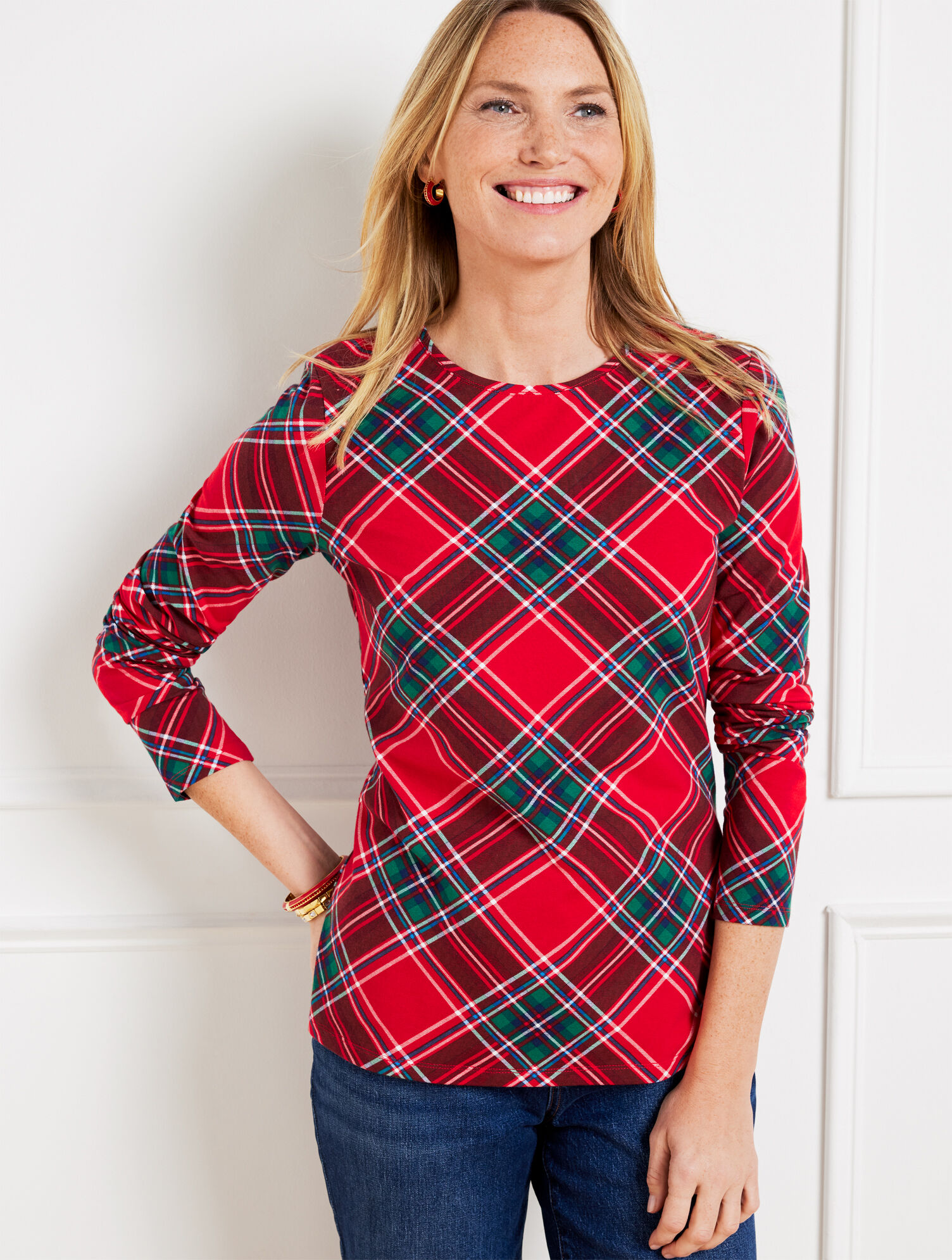 Crewneck Tee - Poinsettia Plaid | Talbots