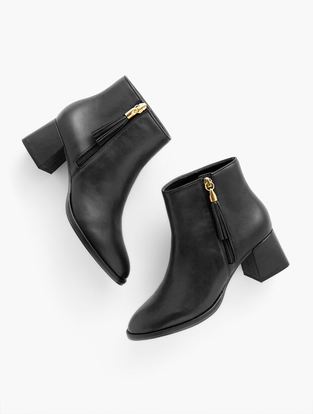 Maud Leather Tassel Block Heel Booties | Talbots