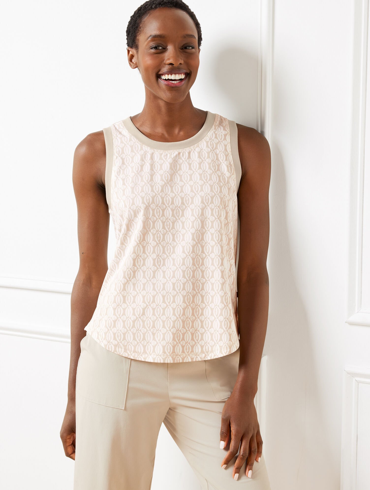 Lightweight Woven Stretch Tank - Pinwheel Geo | Talbots