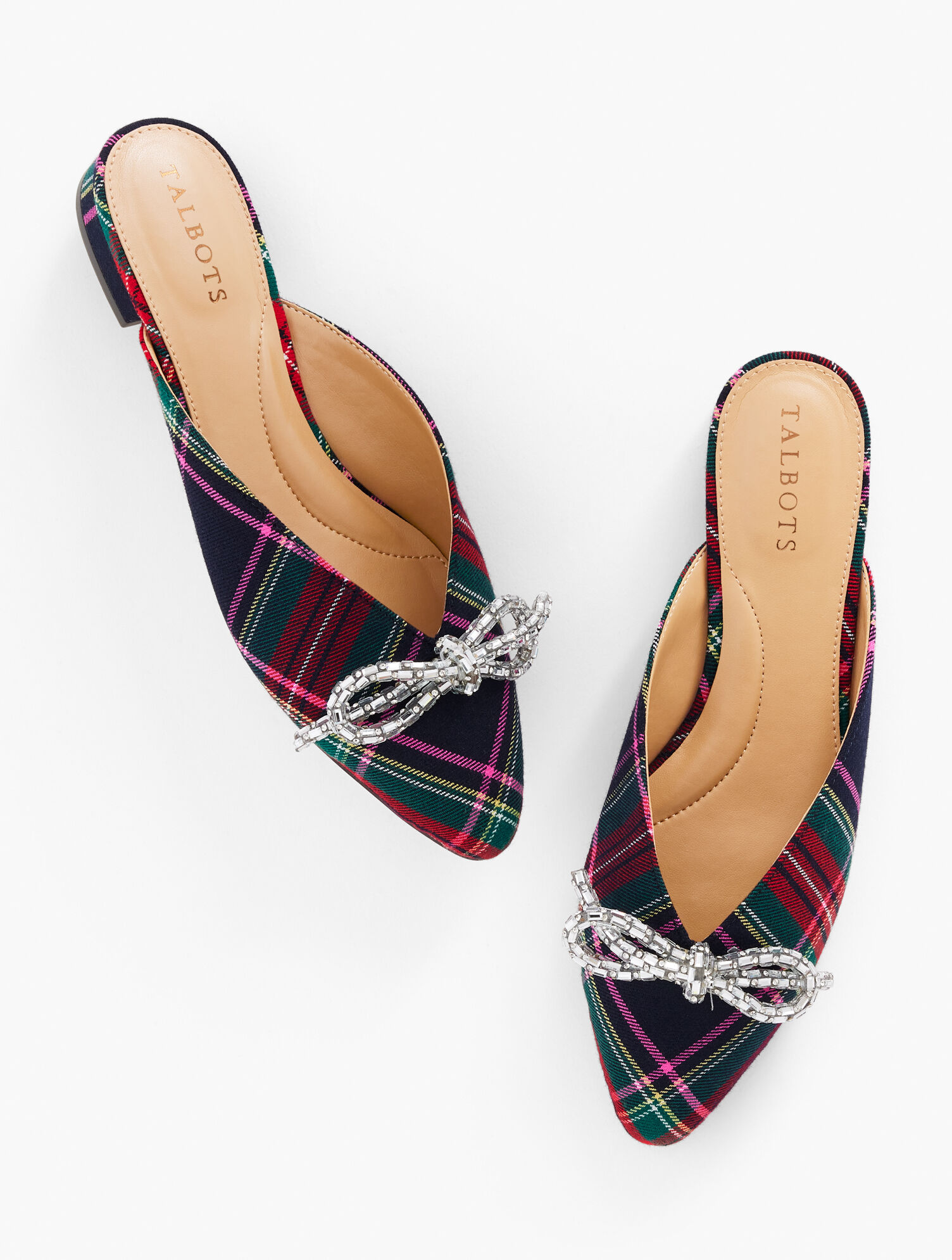 Edison Rhinestone Bow Mules - Dashing Plaid | Talbots