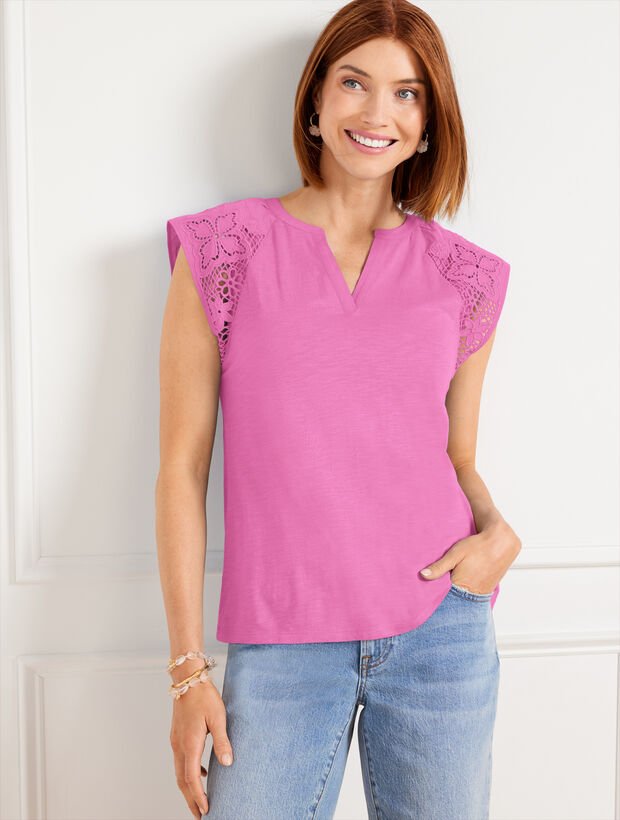 Embroidered Sleeve Split Neck Tee | Talbots