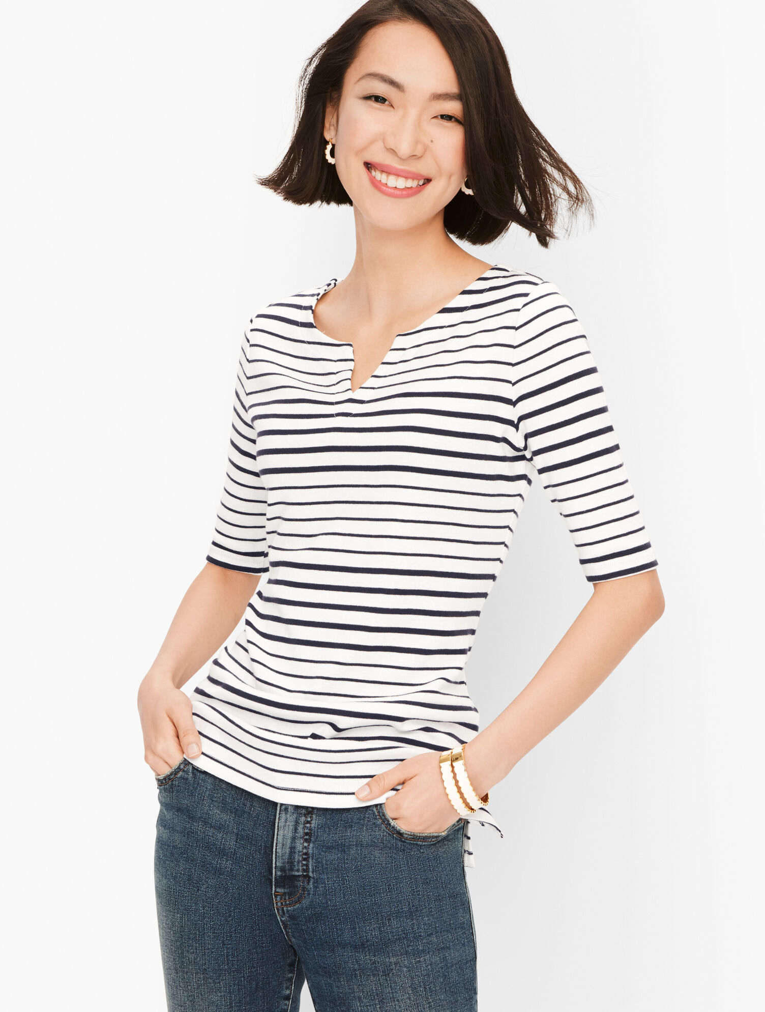 Split Neck Cotton Tee - Stripe | Talbots