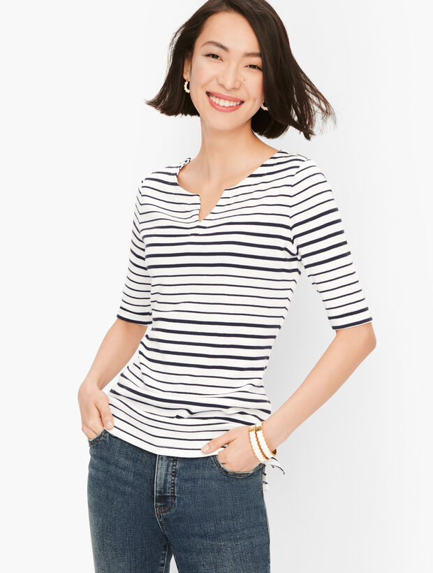 Split Neck Cotton Tee - Stripe | Talbots
