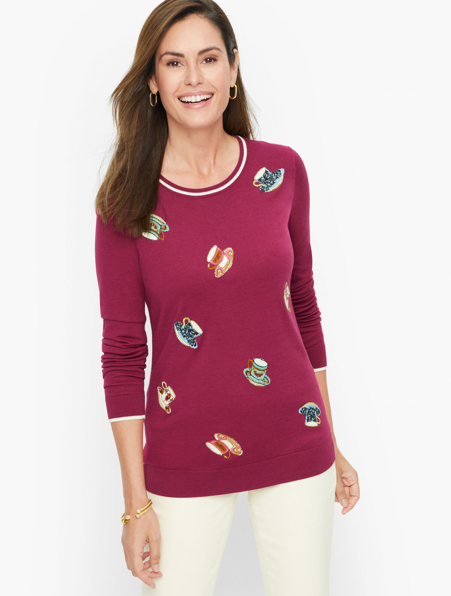 Crewneck Pullover - Tossed Teacups | Talbots