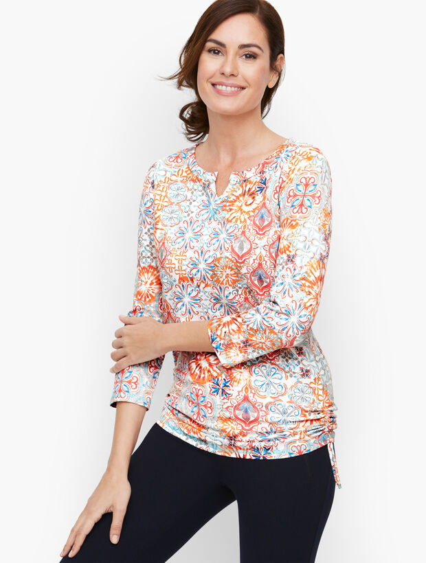Split Neck Ruched Tee - Freshwater Medallion | Talbots