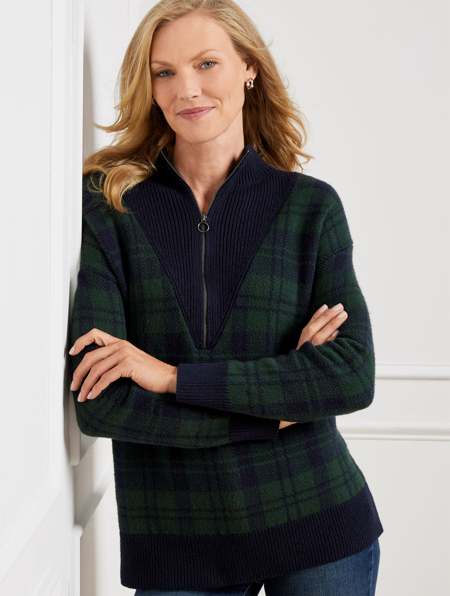 Zip Collar Sweater - Black Watch Plaid | Talbots