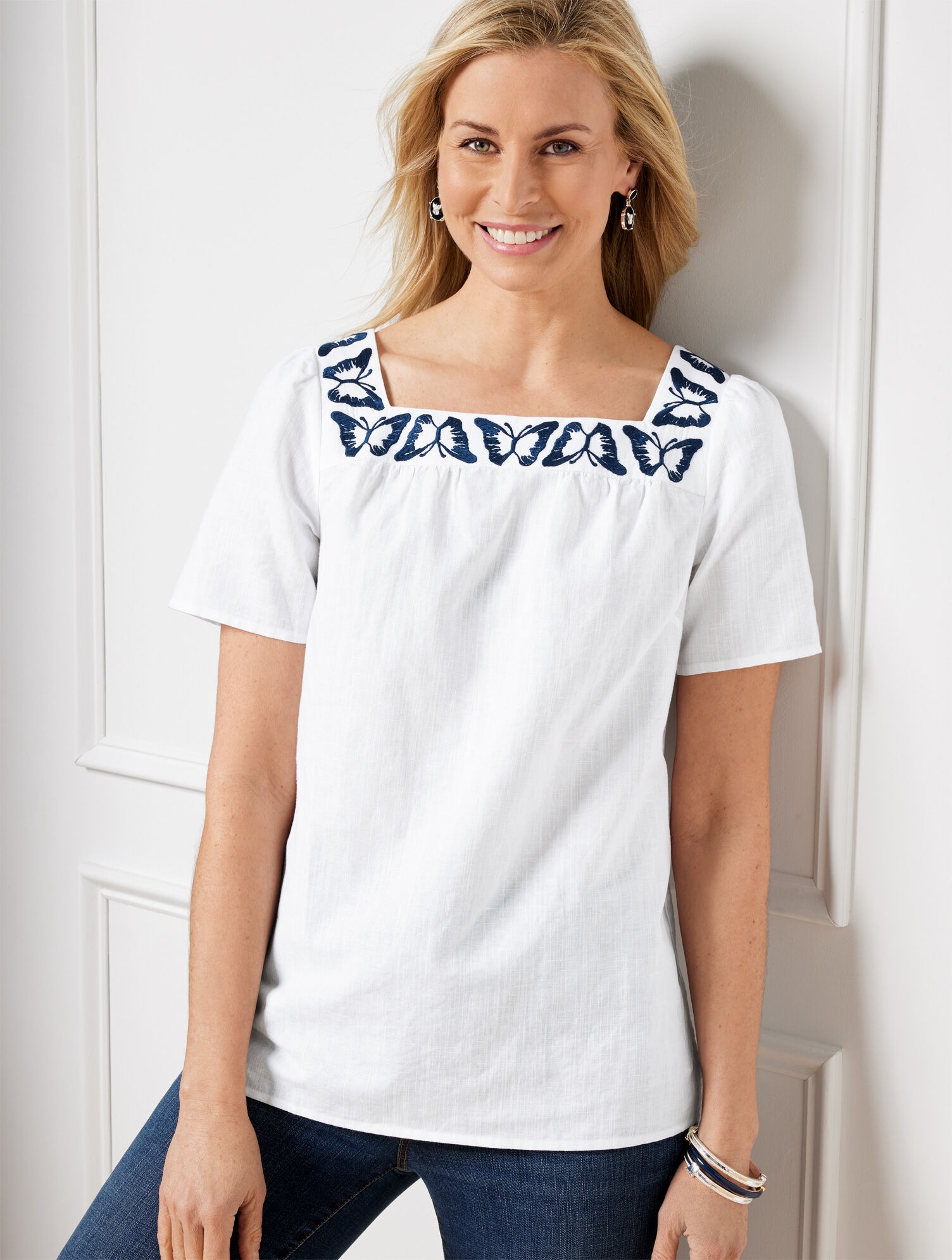 Butterfly Embroidered Linen Cotton Square Neck Top | Talbots