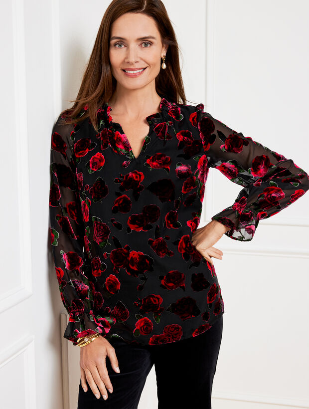 Rose Burnout Velvet Ruffle Top | Talbots