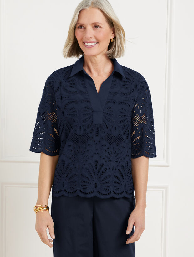 Johnny Collar Short Popover - Blooming Eyelet | Talbots