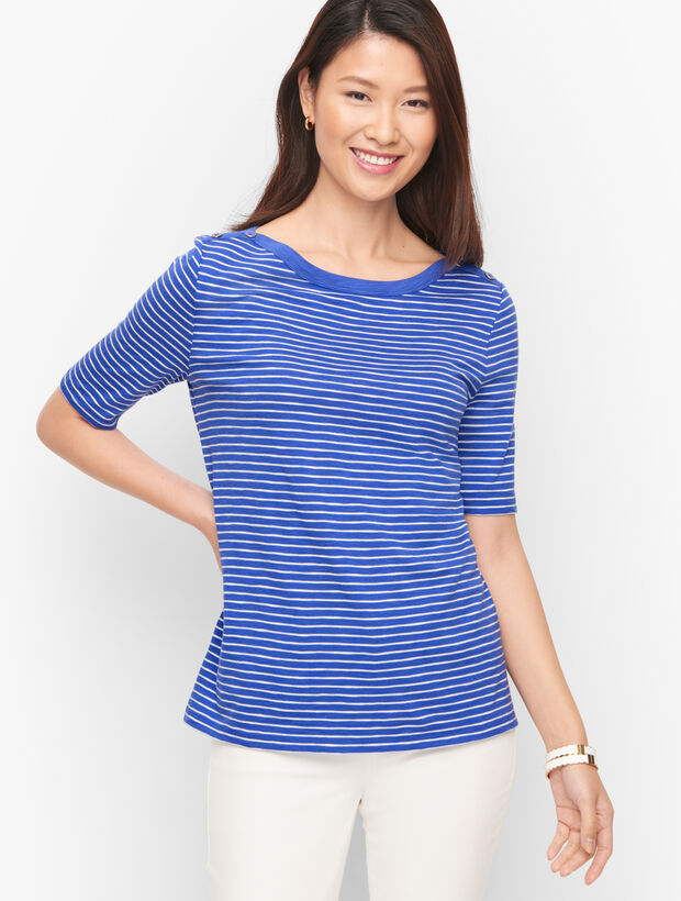 Button Detail Bateau Neck Tee - Stripe | Talbots