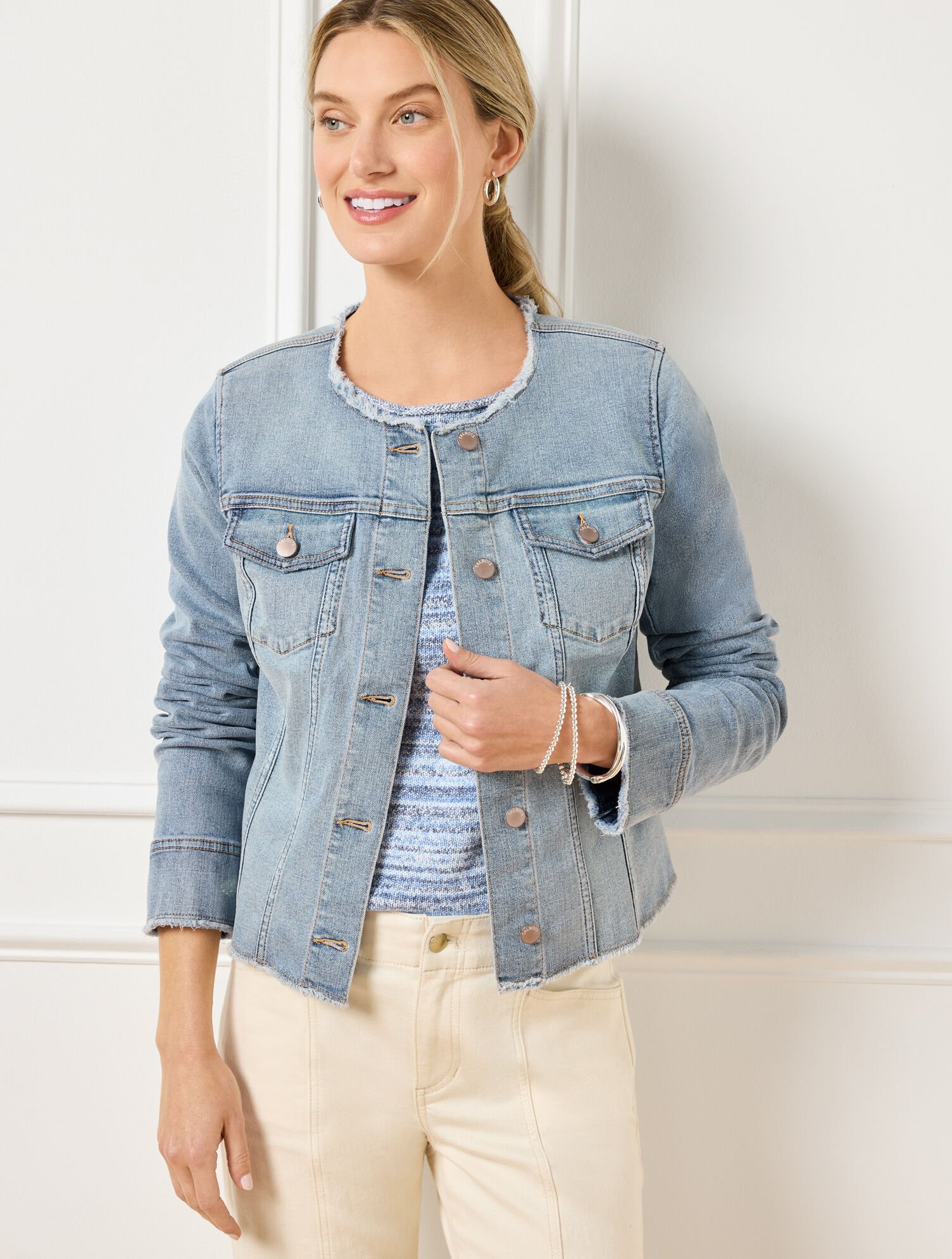 denim collarless jacket