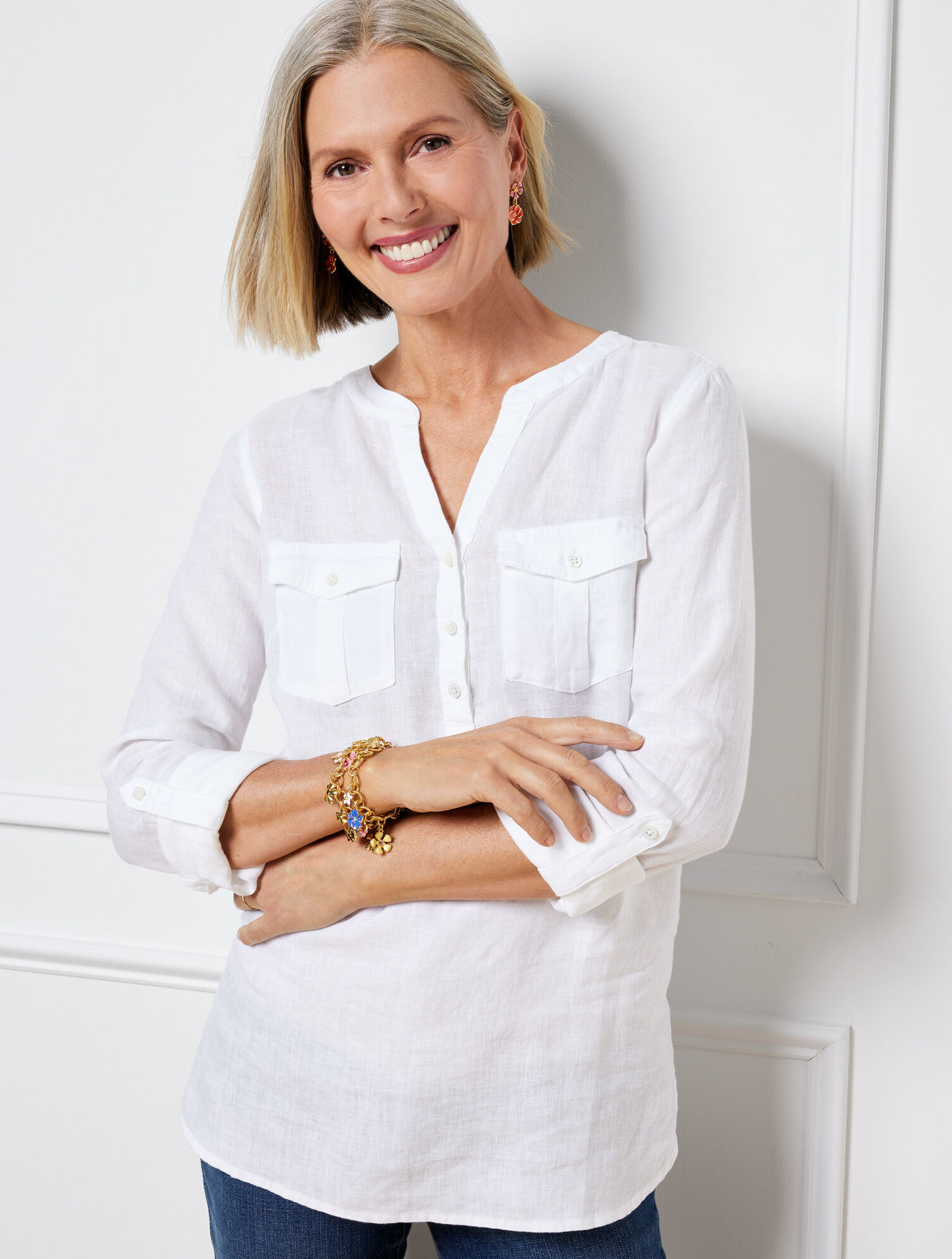 Linen Band Collar Popover - White | Talbots