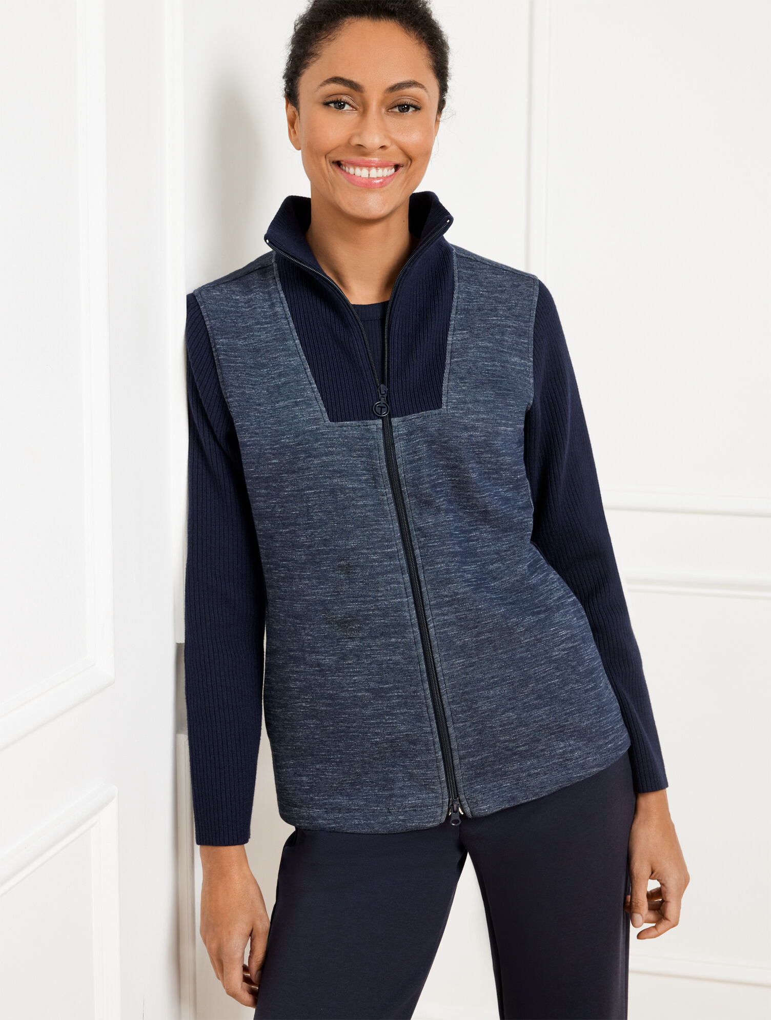 AirKnit Stretch Mockneck Sweater Jacket - Indigo Heather | Talbots