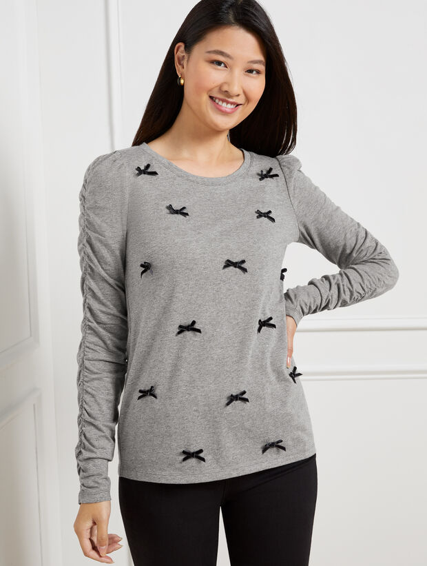 Shirred Sleeve Velvet Bow Crewneck Tee | Talbots