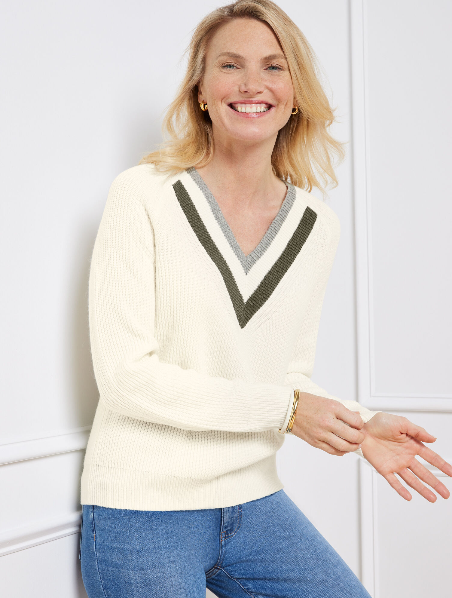 Shaker Stitch V-Neck Sweater - Tipped | Talbots